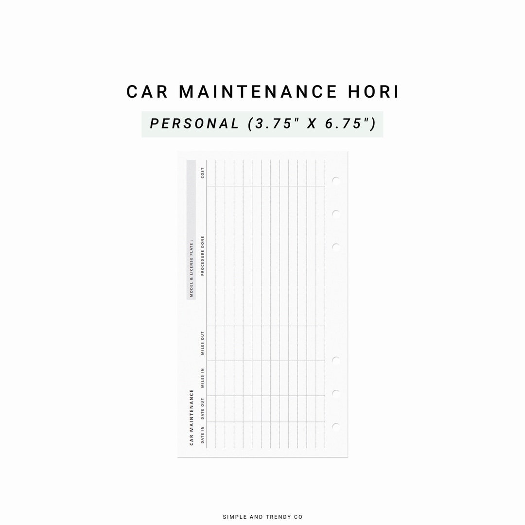 Car Maintenance Horizontal Layout Printable, Personal Planner Inserts ...