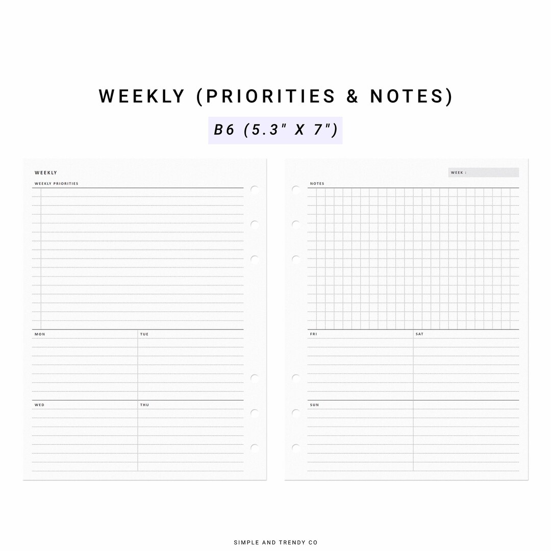 Weekly Planner B6 Inserts Weekly Agenda WO2P Printable - Etsy