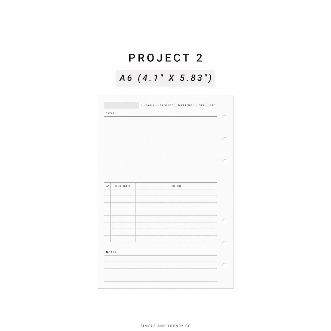 Project Planner A6 Inserts, Printable Daily Planner, Ideas, Meeting ...