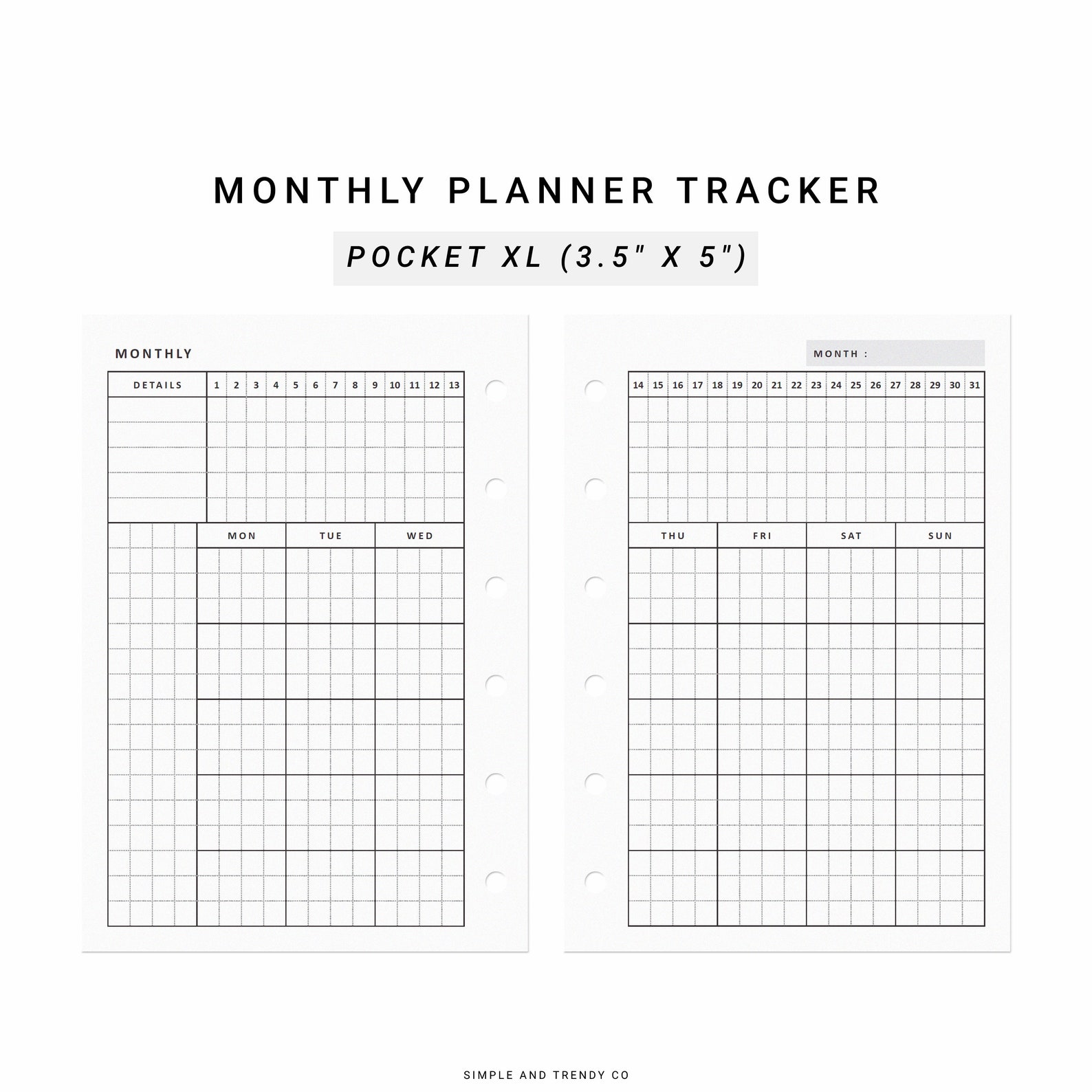 Monthly Planner Printable Pocket XL Size Undated Monthly - Etsy