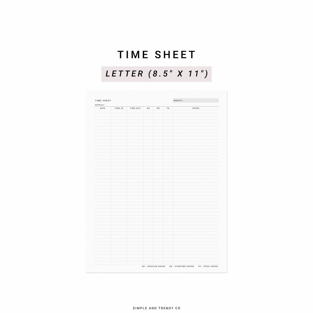 Time Sheet Log Printable US Letter Size Time Card Template Employee
