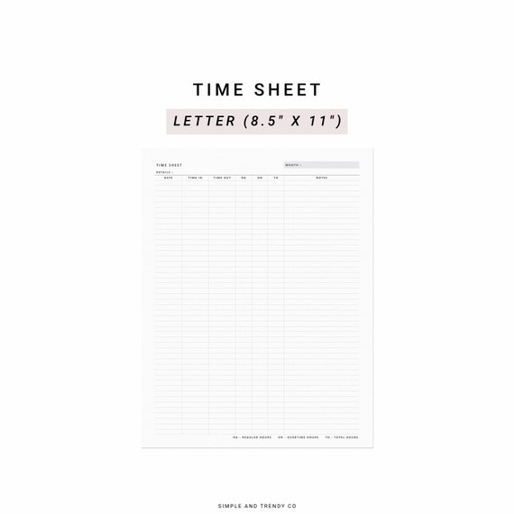 Time Sheet Log Printable US Letter Size Time Card Template - Etsy