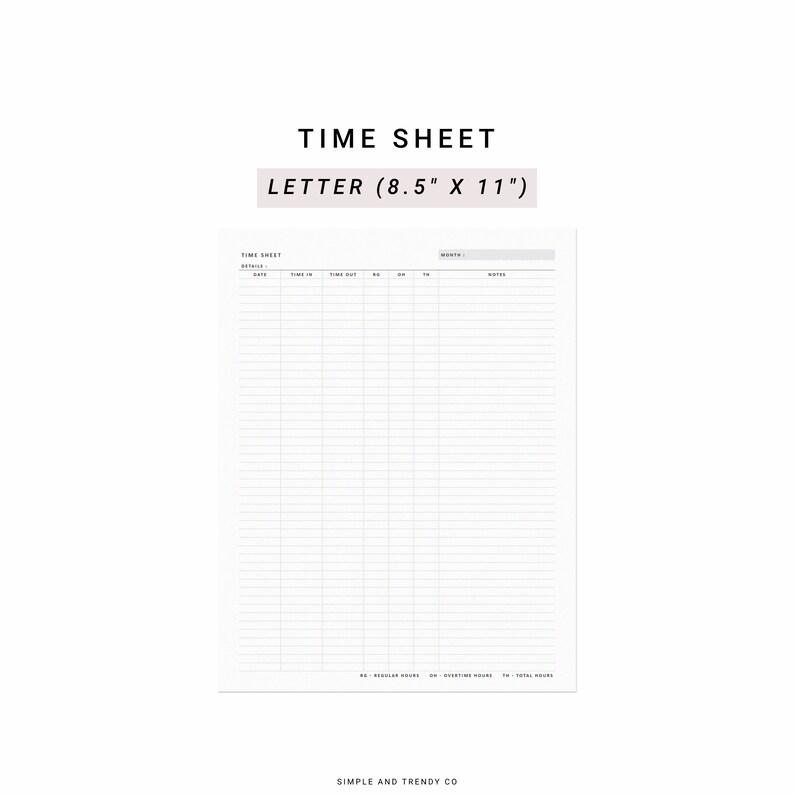 Time Sheet Log Printable US Letter Size Time Card Template - Etsy