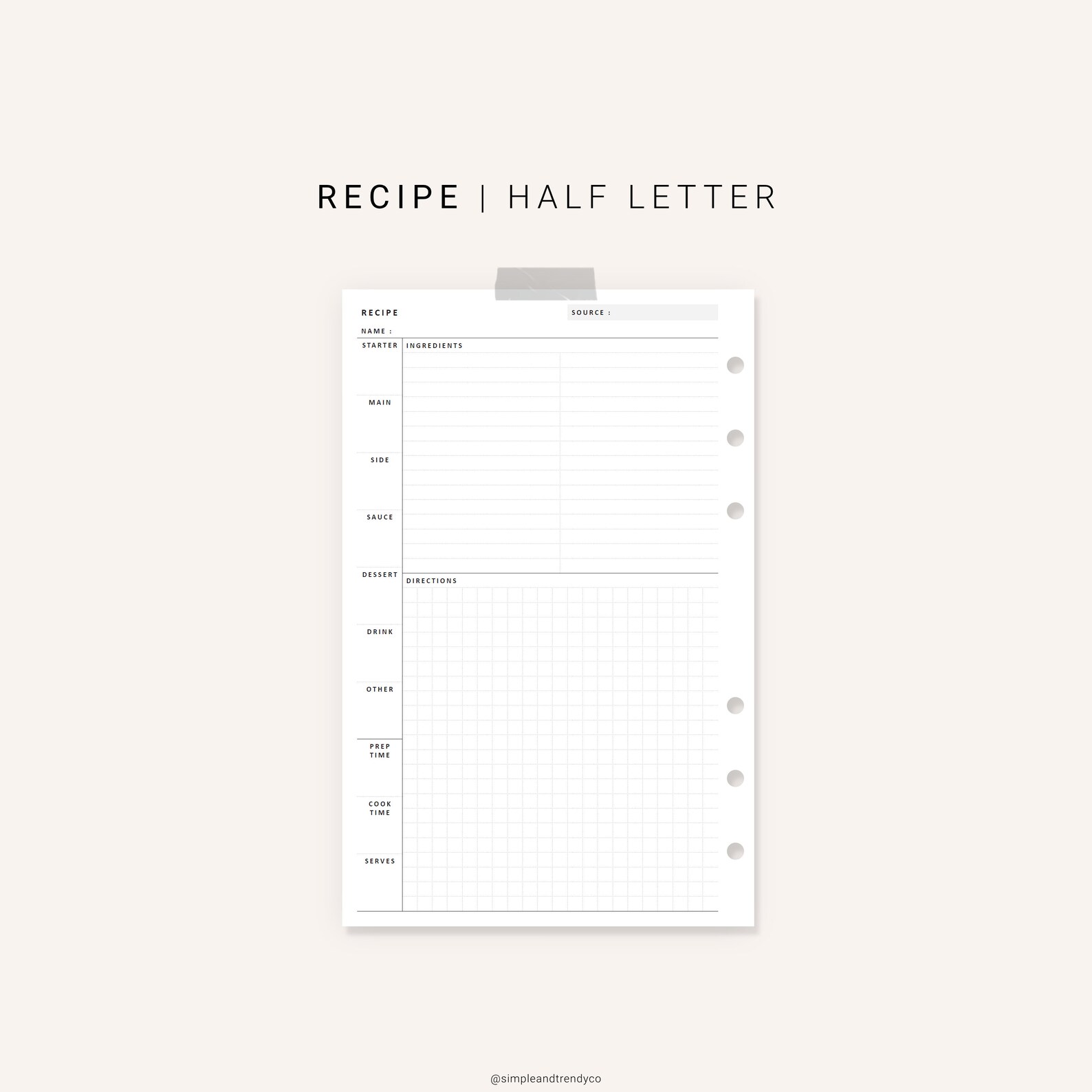 Recipe Half size Half Letter Inserts Recipe Planner | Etsy