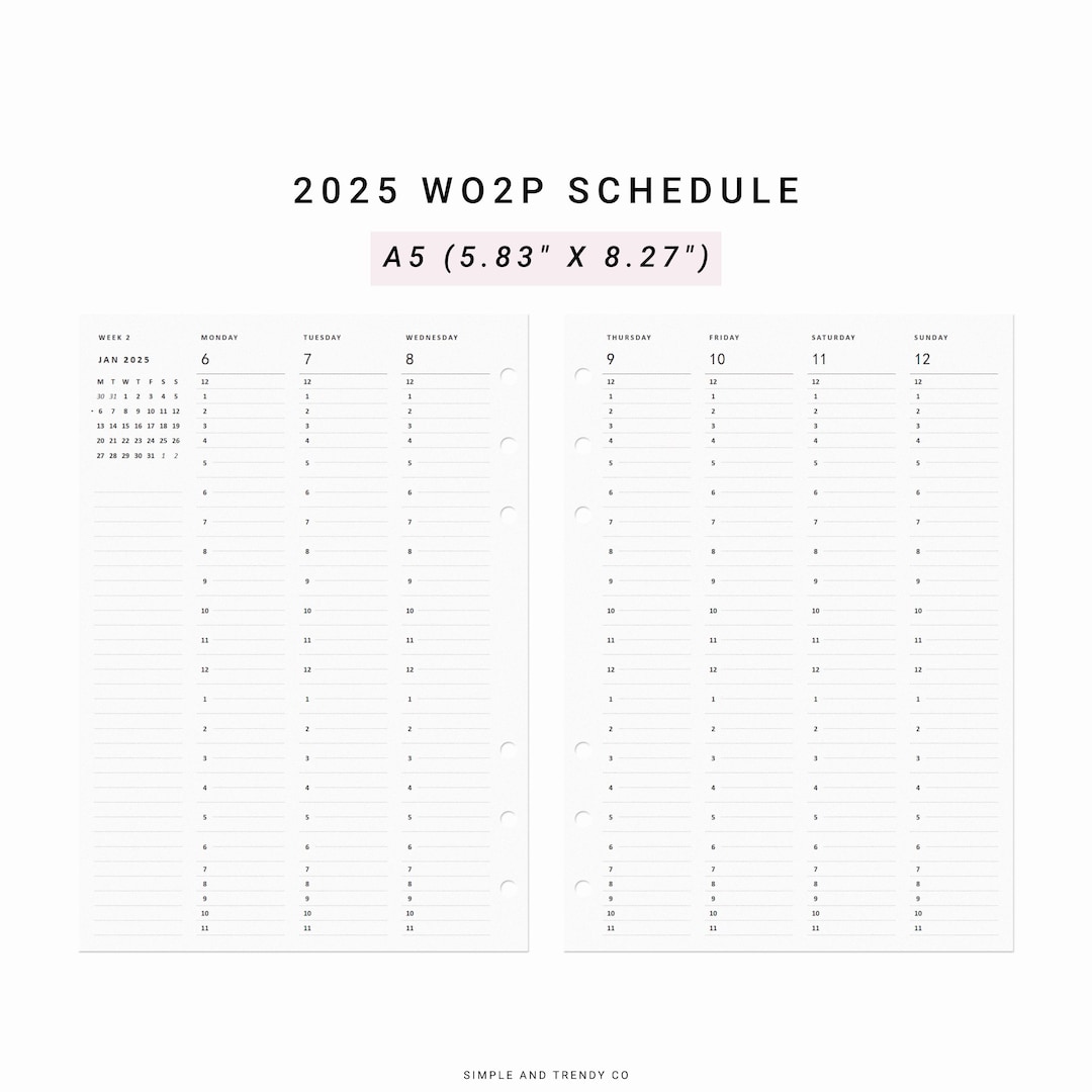 2025 Vertical Weekly Planner A5 Planner Inserts, WO2P Schedule - Etsy