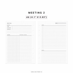 Meeting Notes A6 Inserts Meeting Agenda Work Planner Meeting - Etsy