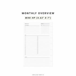 Monthly Overview Printable Happy Planner Mini, Month on a Page, Month ...