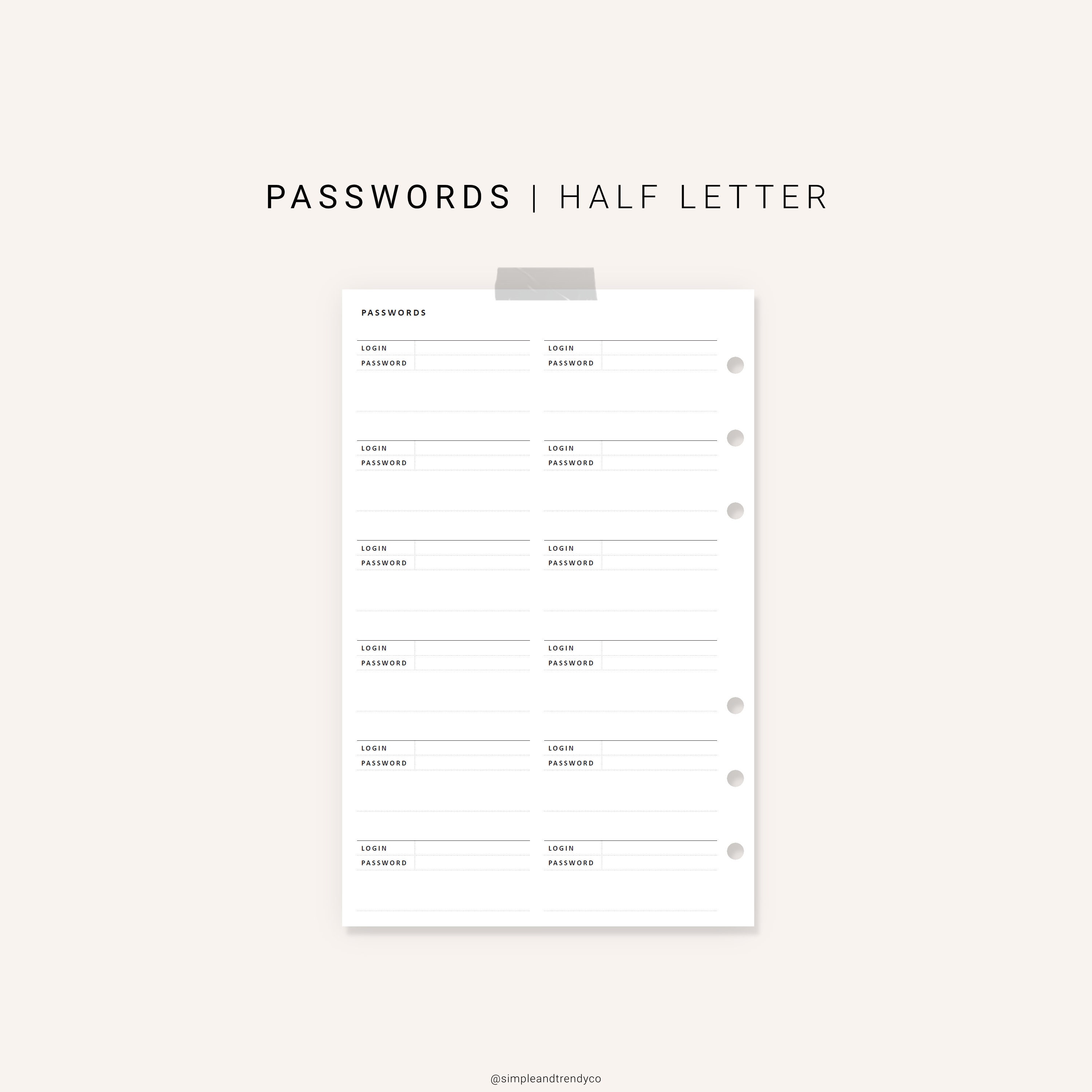 Printable Password Log Half size Half Letter Inserts Password | Etsy