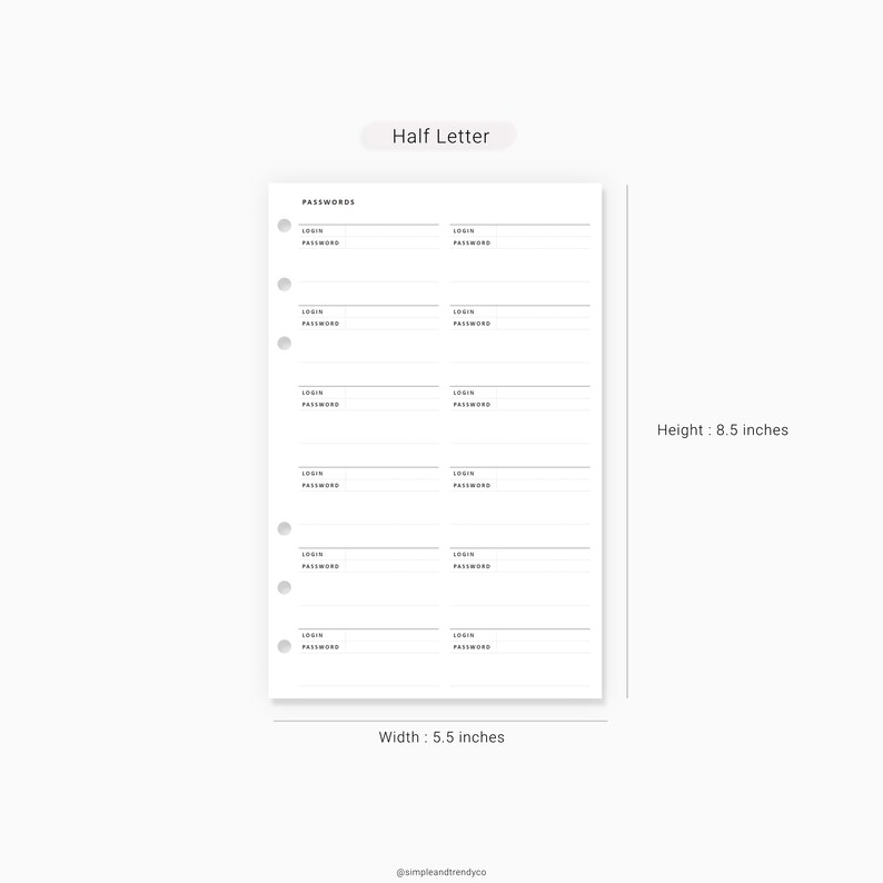 Printable Password Log Half Size Half Letter Inserts Password | Etsy