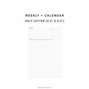 Weekly Planner Calendar Half Size Half Letter Inserts, Printable Week ...