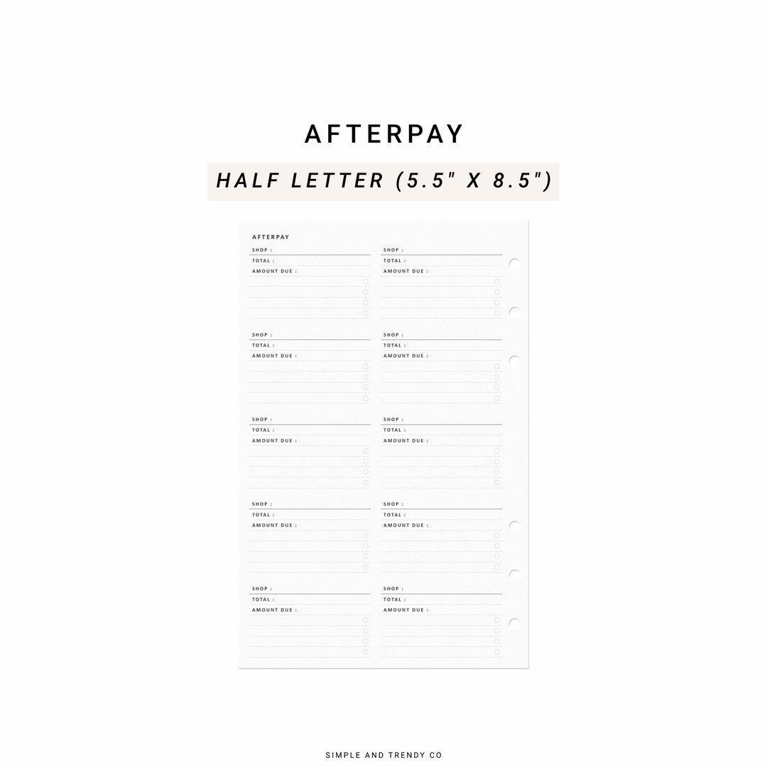 Afterpay Tracker Half Size Half Letter Inserts, Printable Afterpay ...