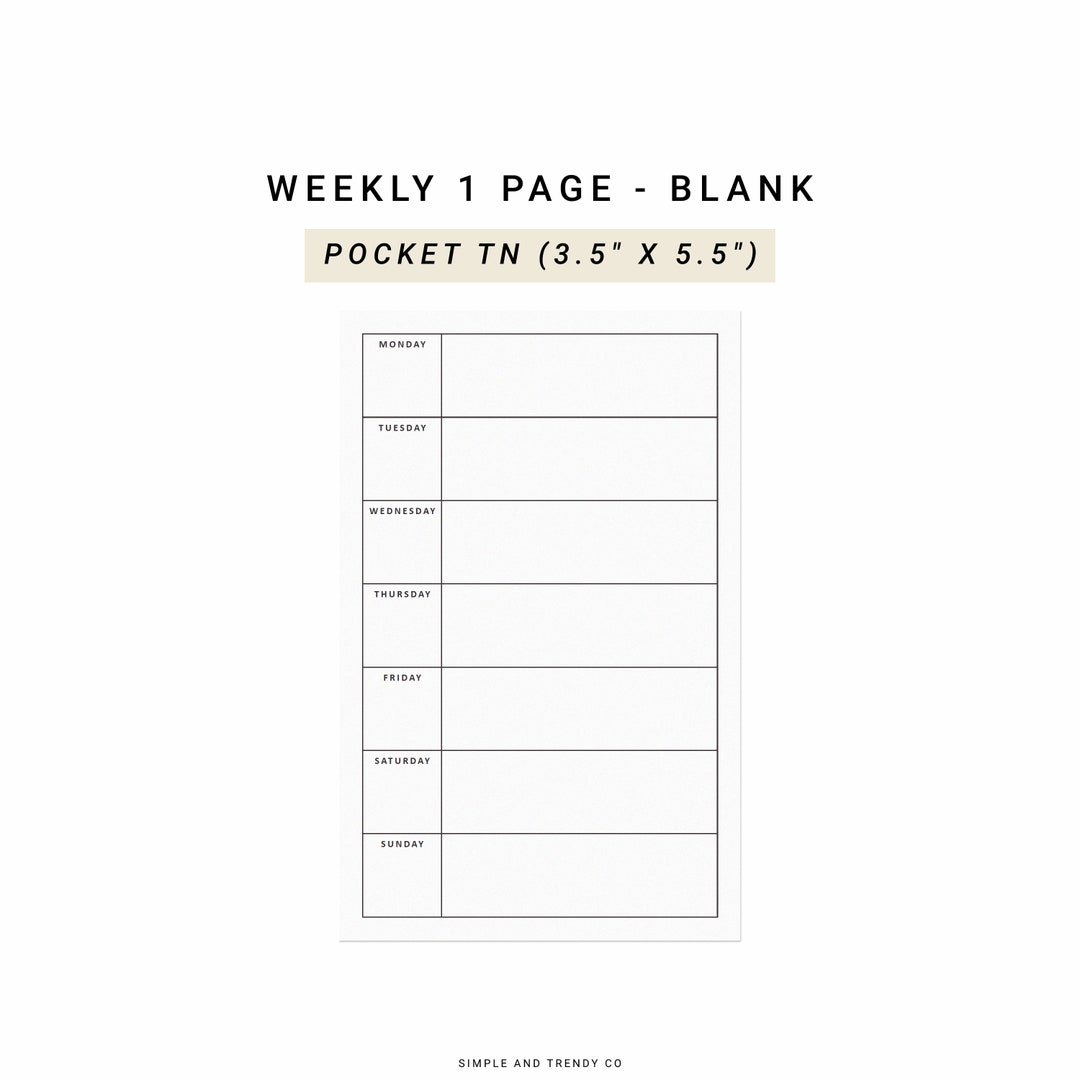 Week on One Page, Weekly Planner Pages, Printable Pocket TN, Weekly ...