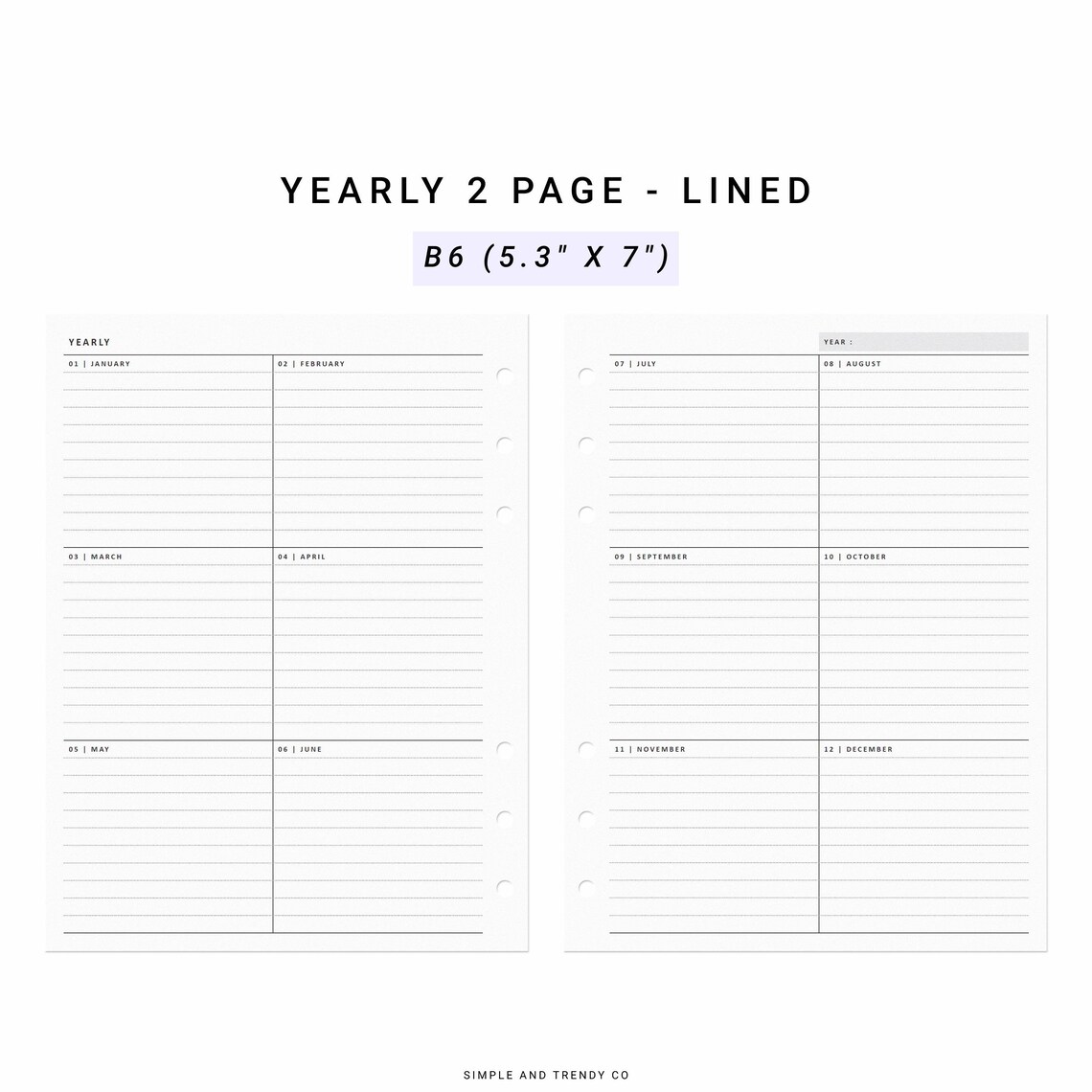 Year at A Glance B6 Inserts Yearly Planner Printable Yearly - Etsy