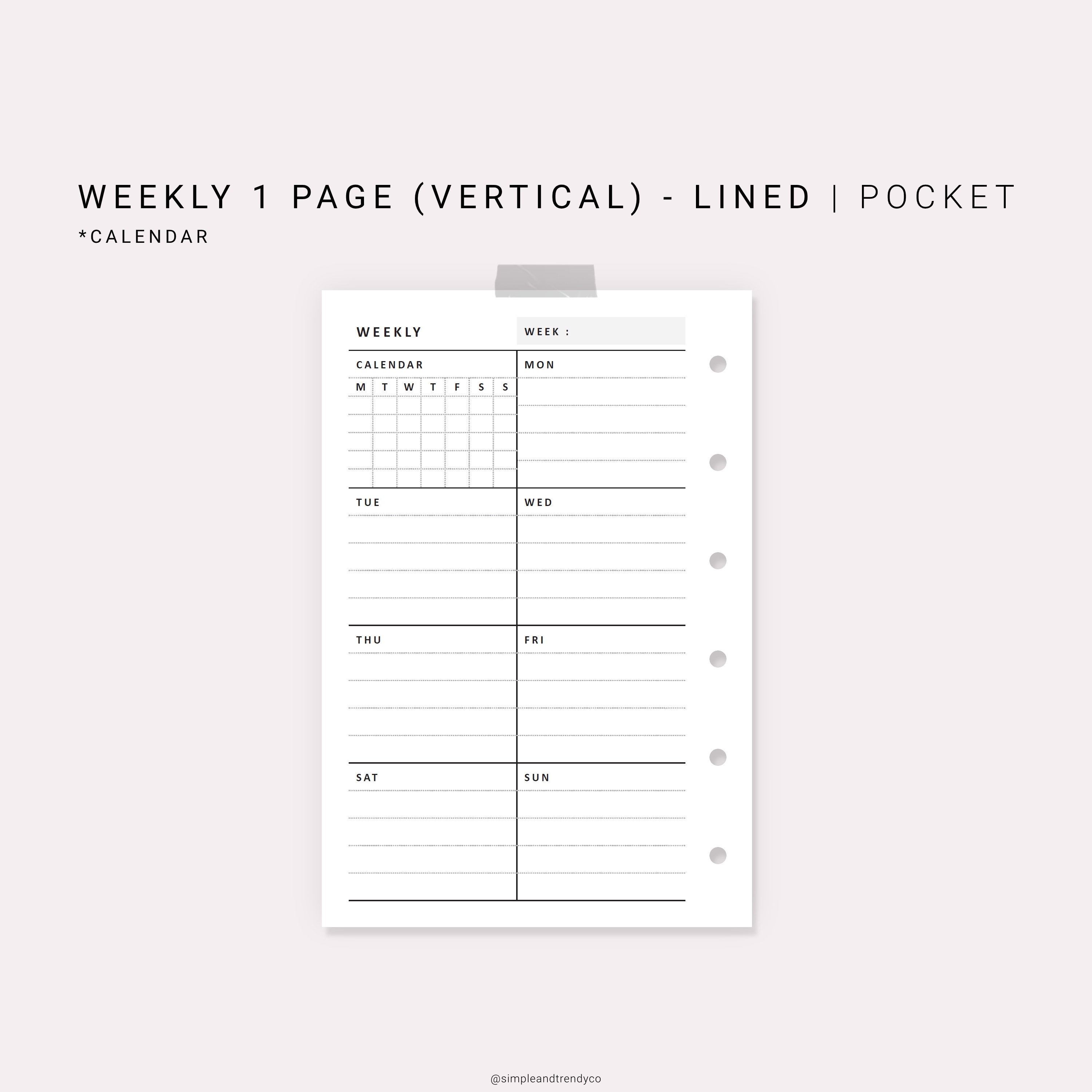 Week on One Page Printable Pocket Size Weekly 1 Page Vertical | Etsy