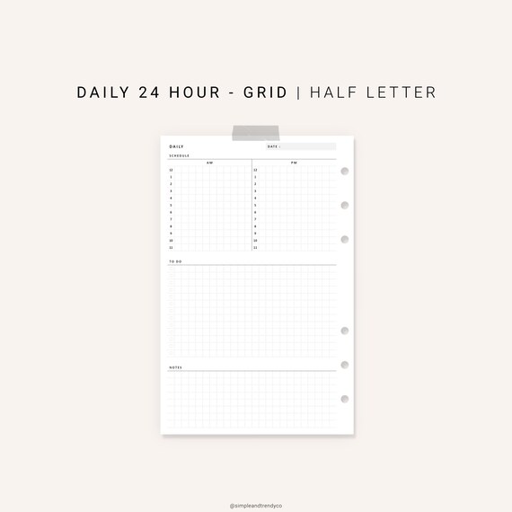 Daily Planner 24 Hour Half Size Half Letter Inserts Printable | Etsy