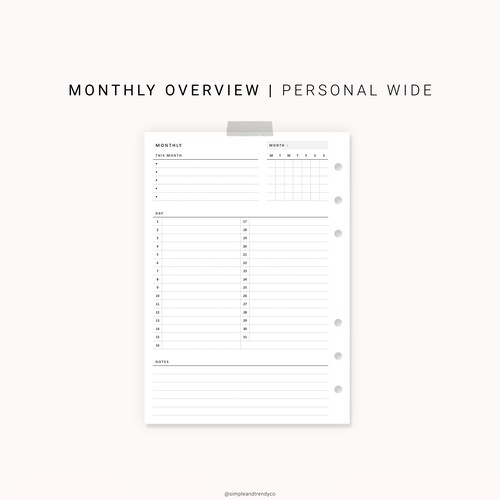 Month on One Page MO1P Personal Wide Undated Monthly Planner | Etsy
