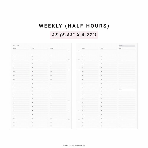 A5 Half Hour Weekly Schedule Planner Template Printable Week - Etsy