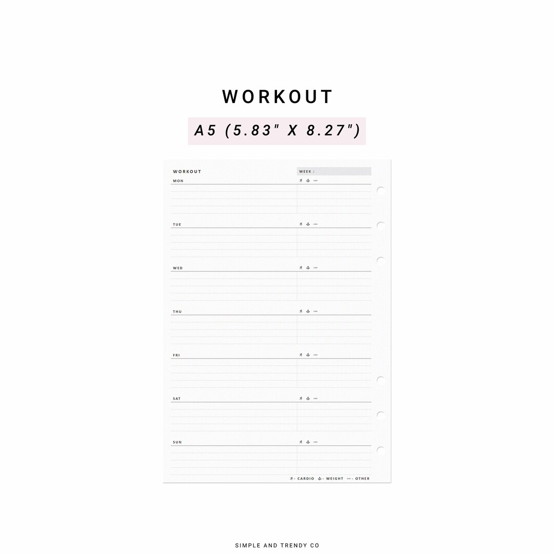 Workout Tracker A5 Planner Inserts, Printable Weekly Workout Plan ...
