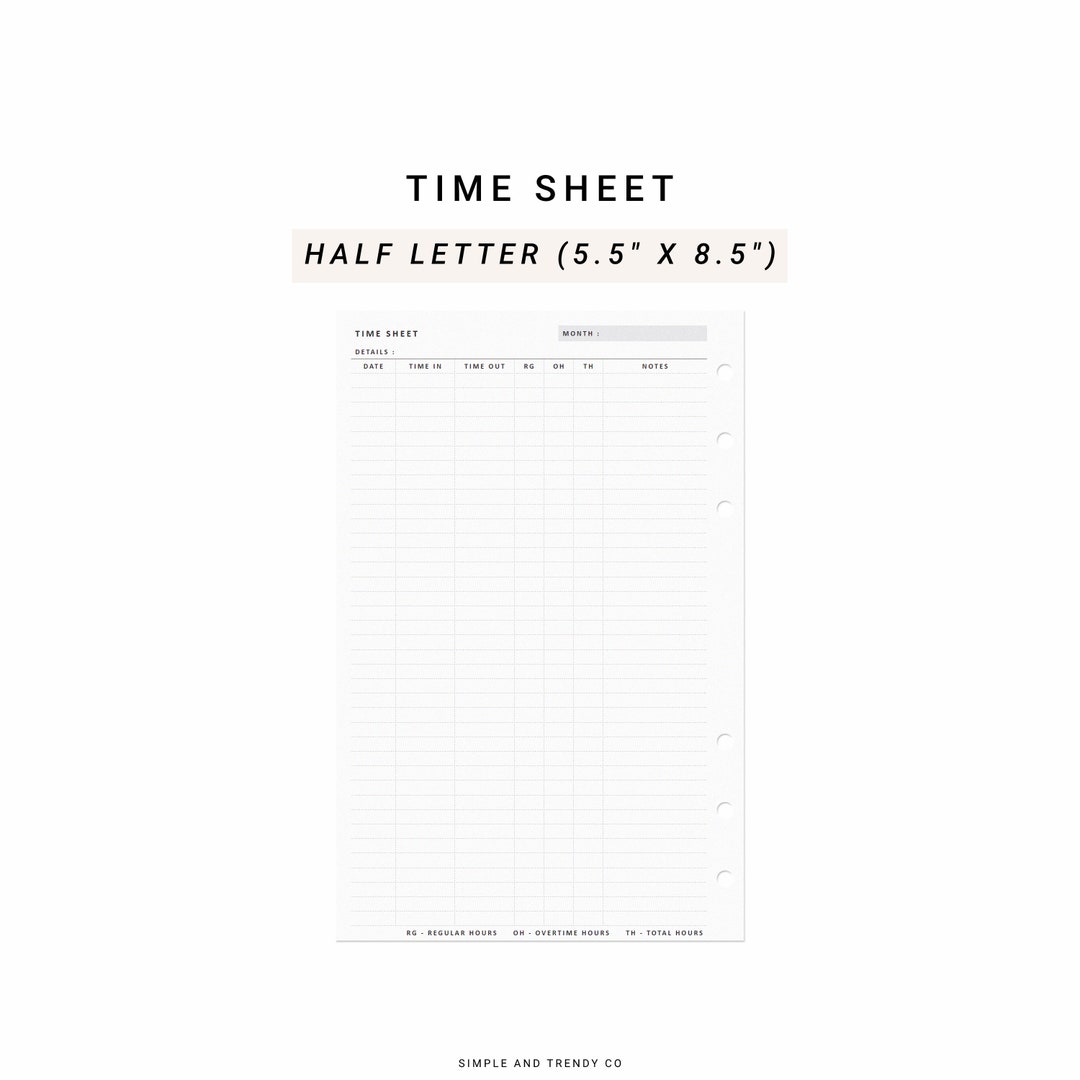 Time Sheet Log Printable Half Size Half Letter Inserts Time Etsy
