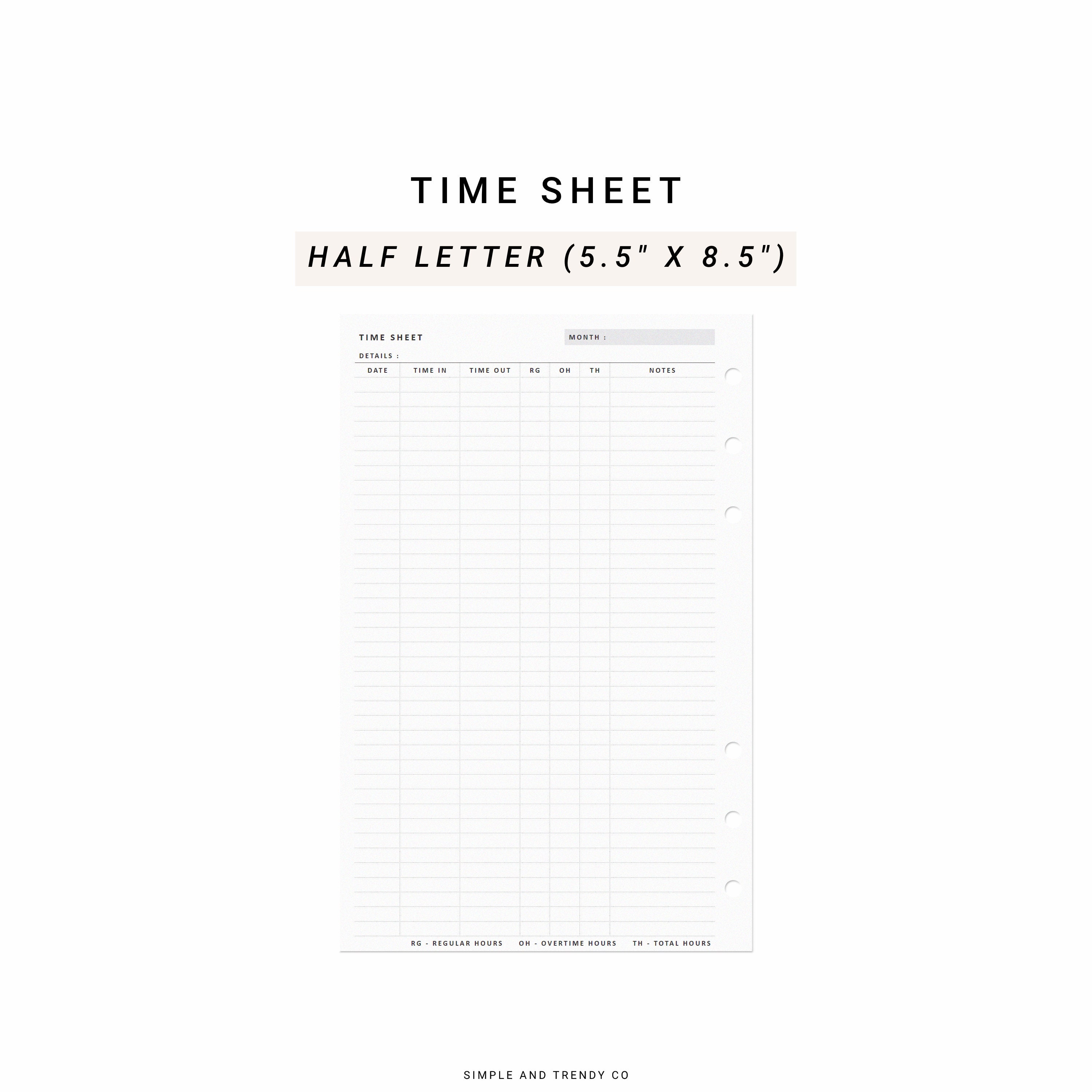 Time Sheet Log Printable Half Size Half Letter Inserts Time - Etsy