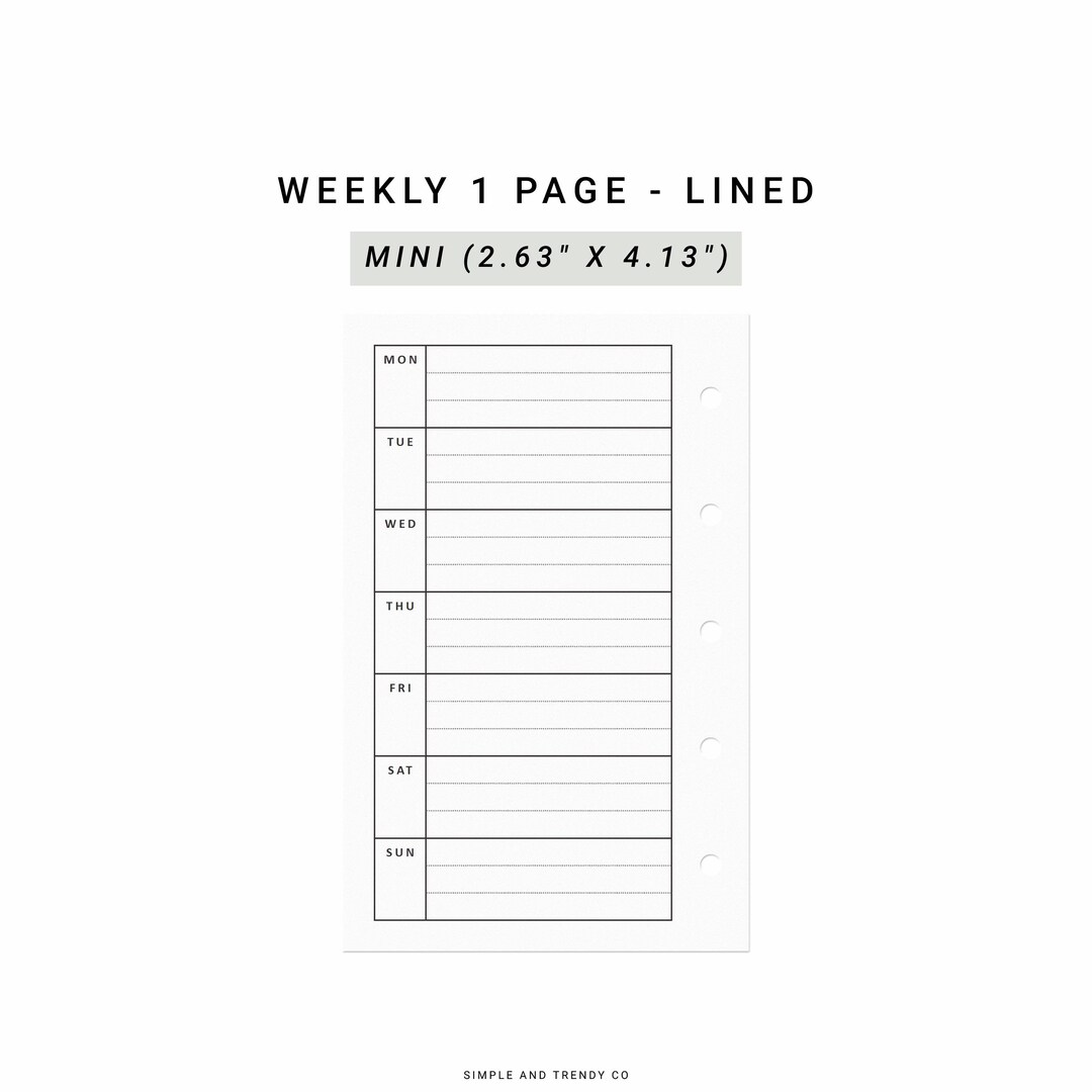 Week on One Page, Weekly Planner Pages, Mini Size Filofax Mini, Weekly ...