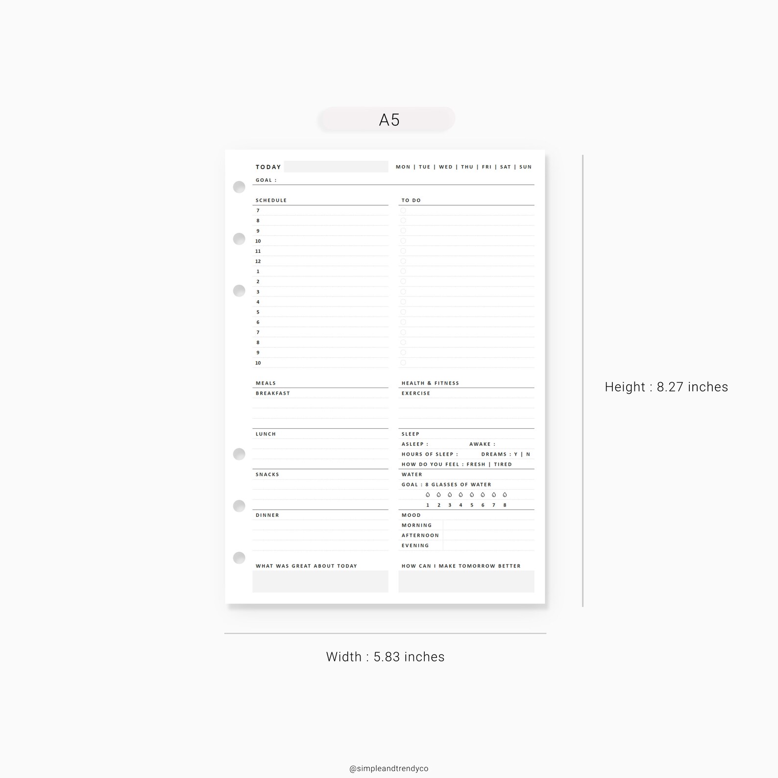 Daily Planner A5 Planner Inserts Minimalist Printable Day | Etsy