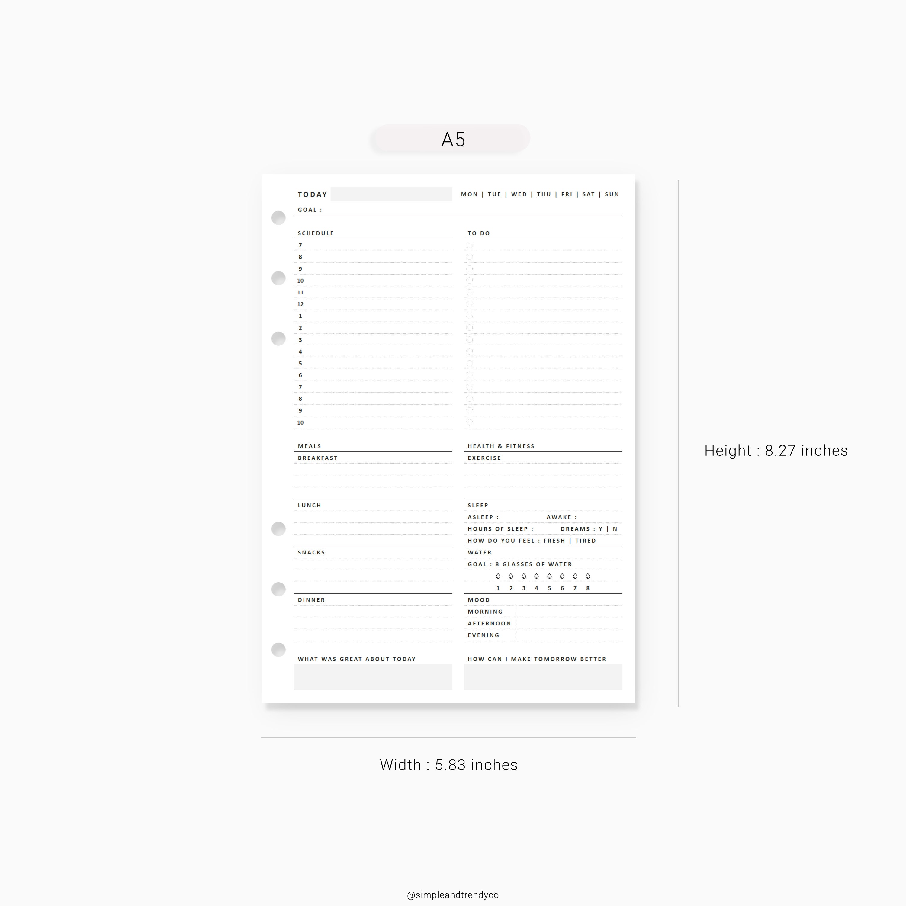 Daily Planner A5 Planner Inserts Minimalist Printable Day | Etsy
