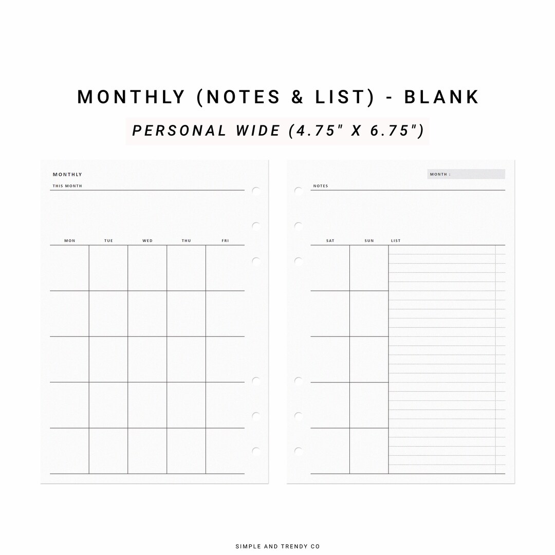Monthly Planner Personal Wide Printable Monthly Notes - Etsy