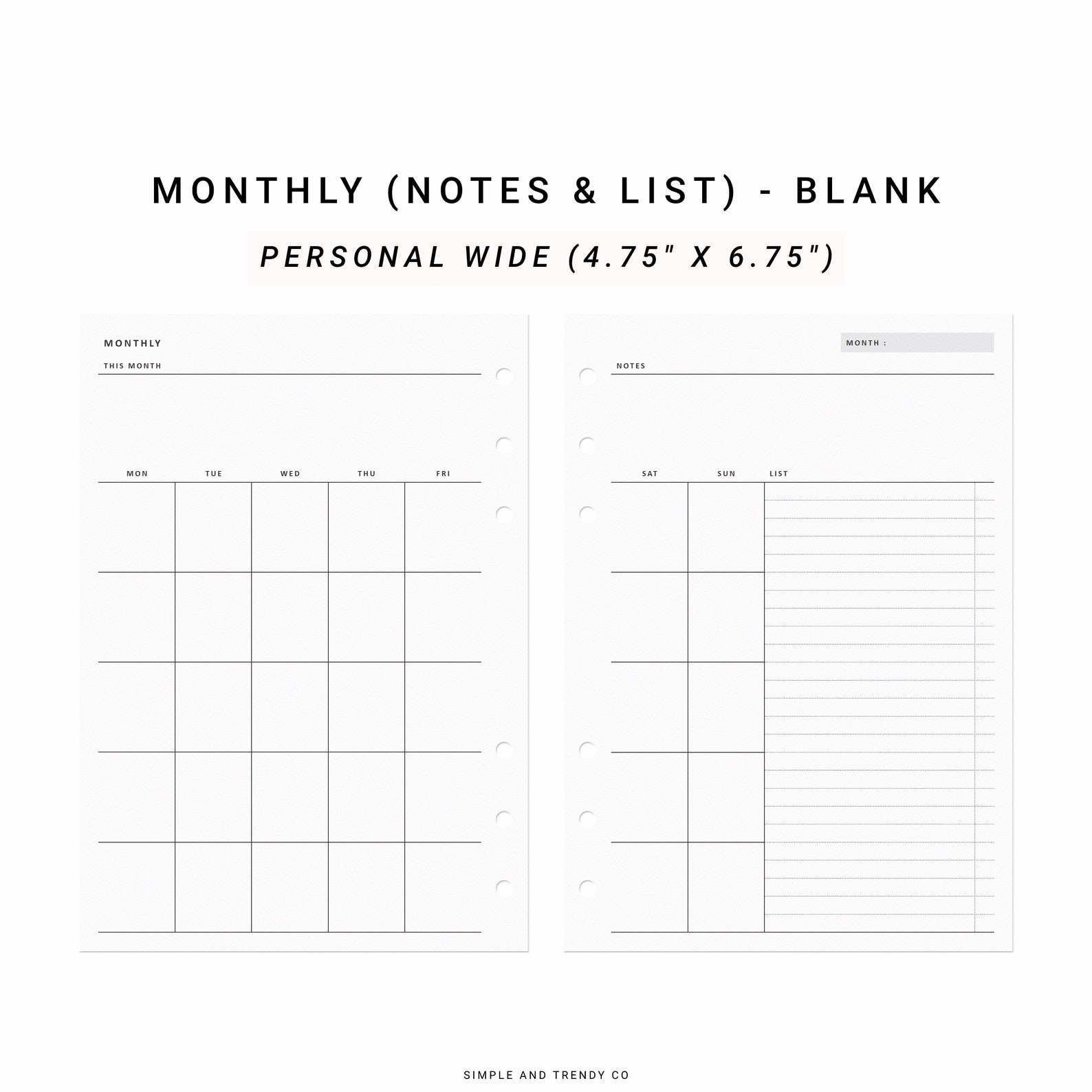 Monthly Planner Personal Wide Printable Monthly Notes - Etsy