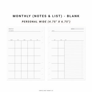 Monthly Planner Personal Wide Printable Monthly Notes - Etsy