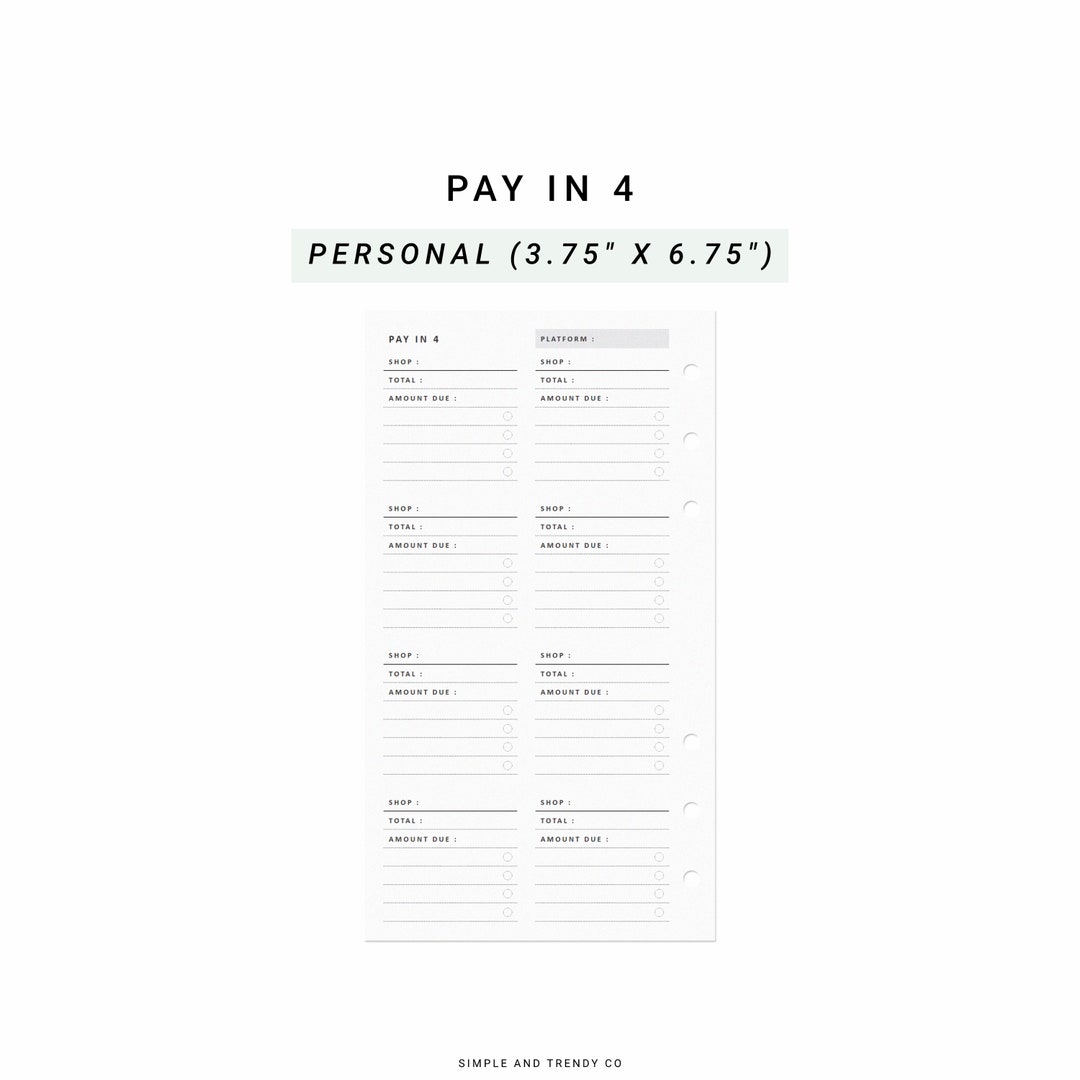 Pay in 4 Tracker Personal Planner Inserts, Printable Buy Now Pay Later ...
