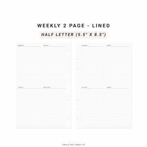 Week on 2 Two Pages Half Size Half Letter Inserts Weekly - Etsy