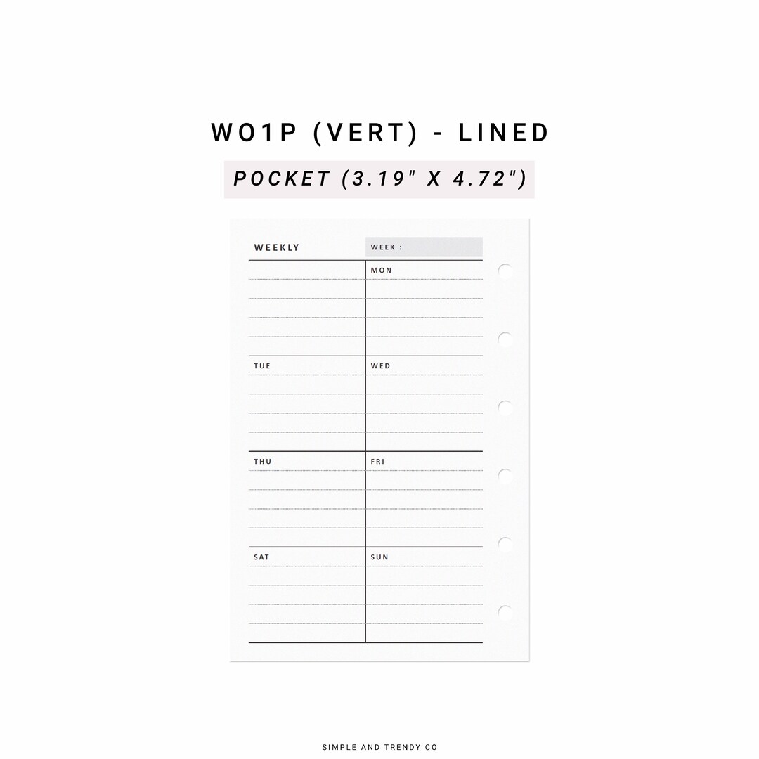 Week on One Page Printable Pocket Size, Weekly 1 Page Vertical Weekly ...