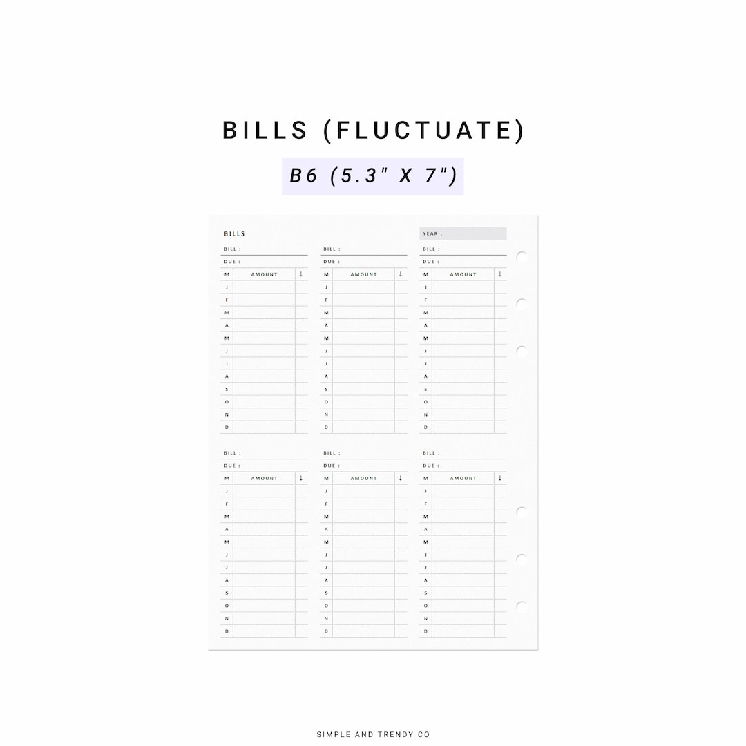 Bill Tracker Printable B6 Inserts, Bill Organizer Bill Due Planner ...