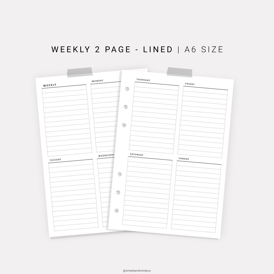 Week on 2 Two Pages A6 Inserts Weekly Agenda Vertical Weekly | Etsy
