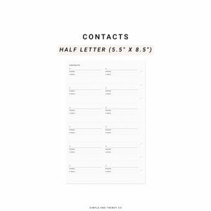 Printable Contacts List Half Size Half Letter Inserts, Emergency ...