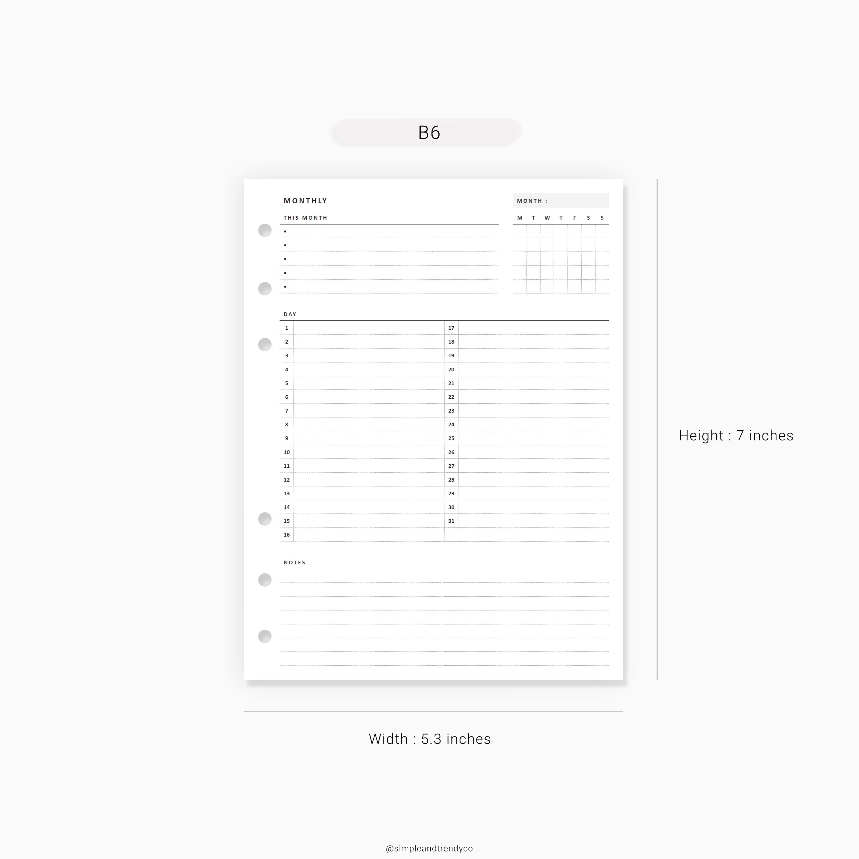 Monthly Overview Printable B6 Size Month on a Page Month at | Etsy Canada