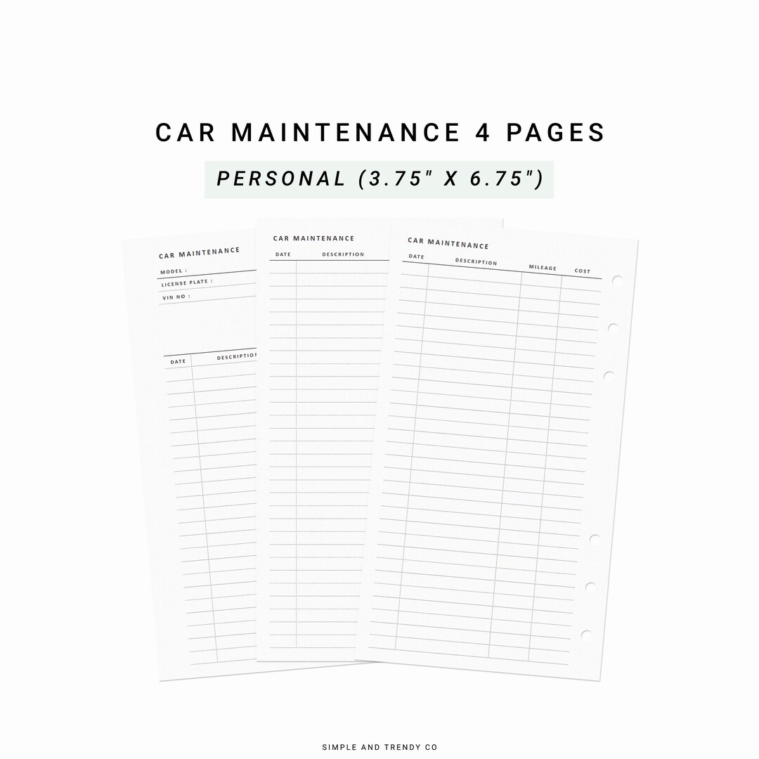 Car Maintenance Printable, Personal Planner Inserts, Car Service ...