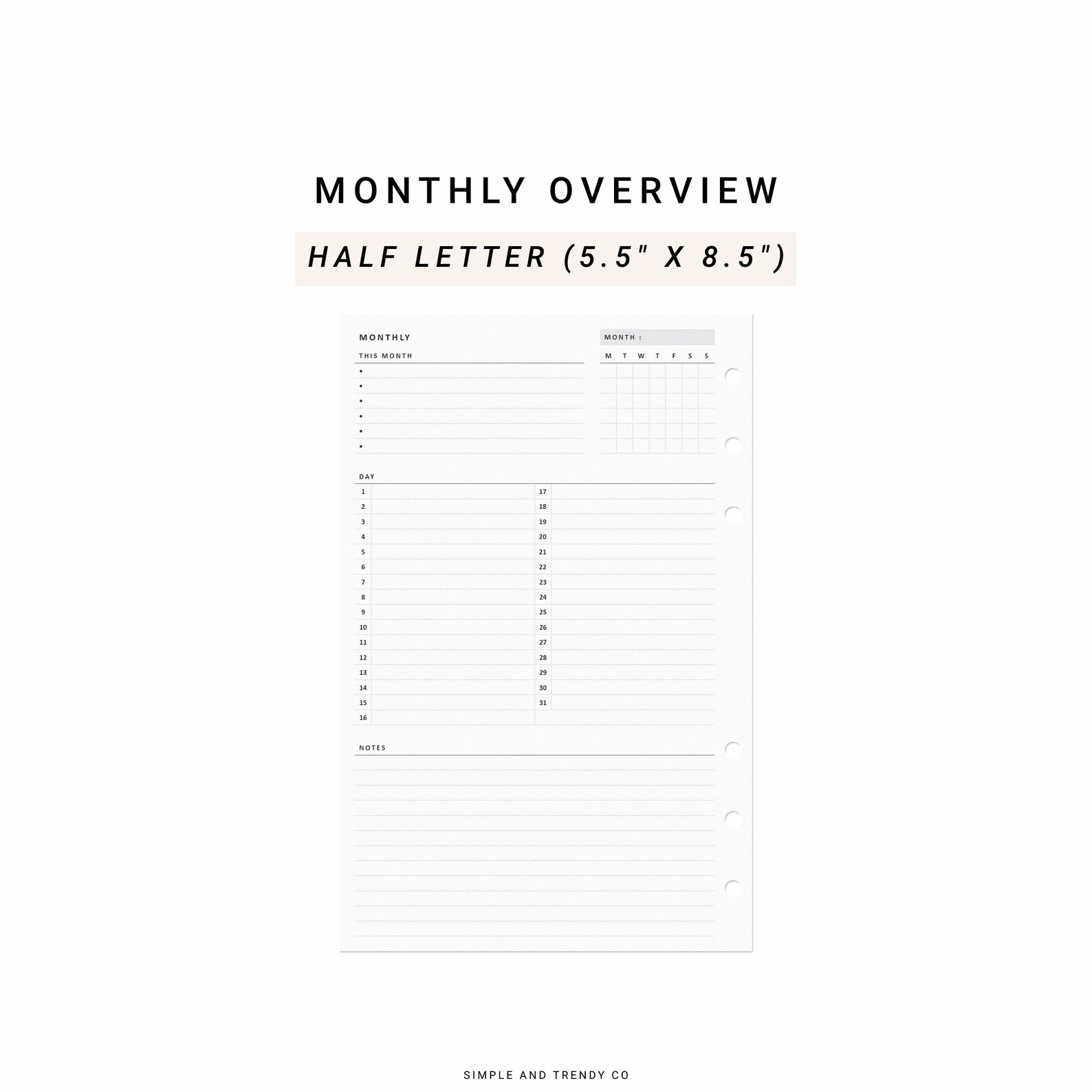 Monthly Overview Printable Half Size Half Letter Inserts - Etsy