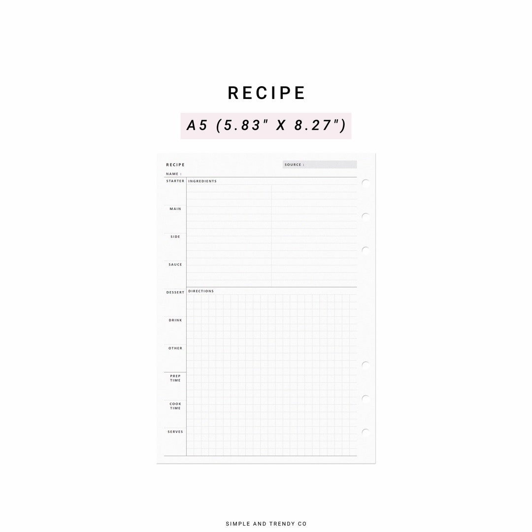 Recipe A5 Planner Inserts, Recipe Planner Printable, Recipe Template ...
