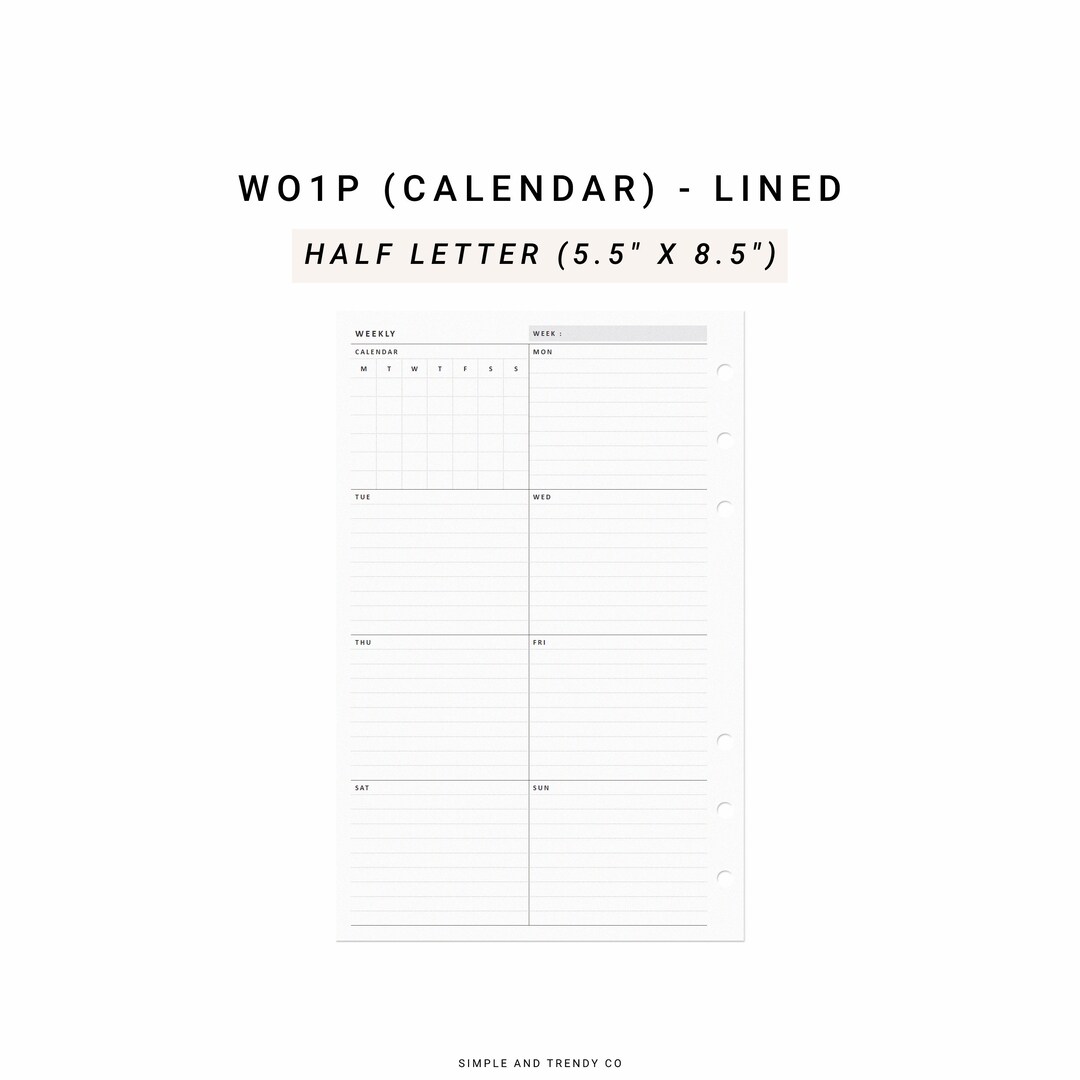 Week on One Page Printable Half Size Half Letter Inserts, Weekly 1 Page ...
