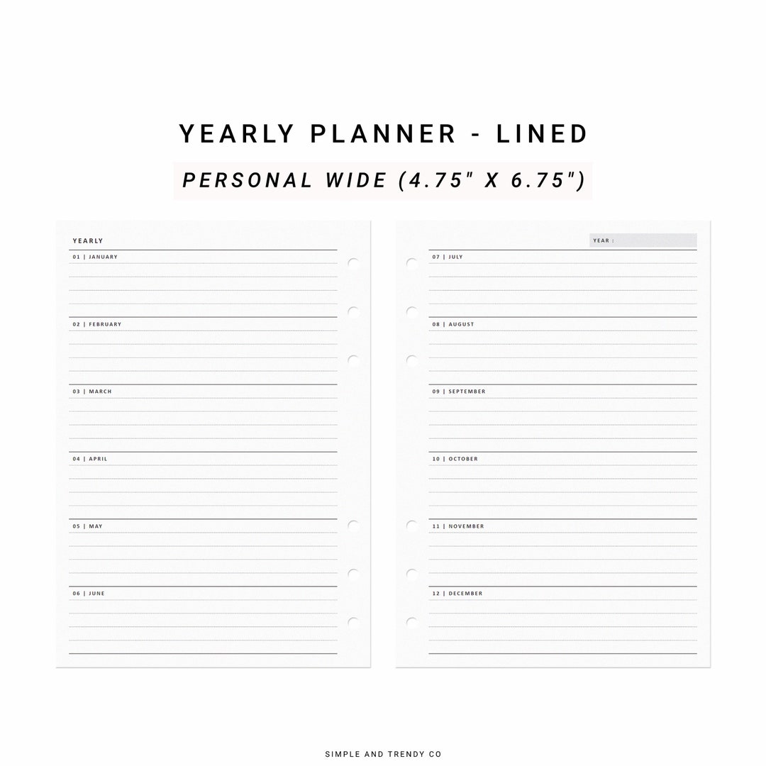 Yearly Planner Personal Wide, Year at a Glance, Printable Yearly ...