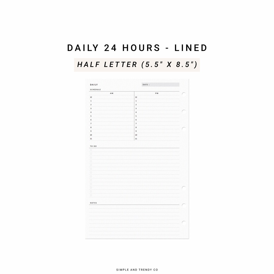 Daily Planner 24 Hour Half Size Half Letter Inserts Printable - Etsy