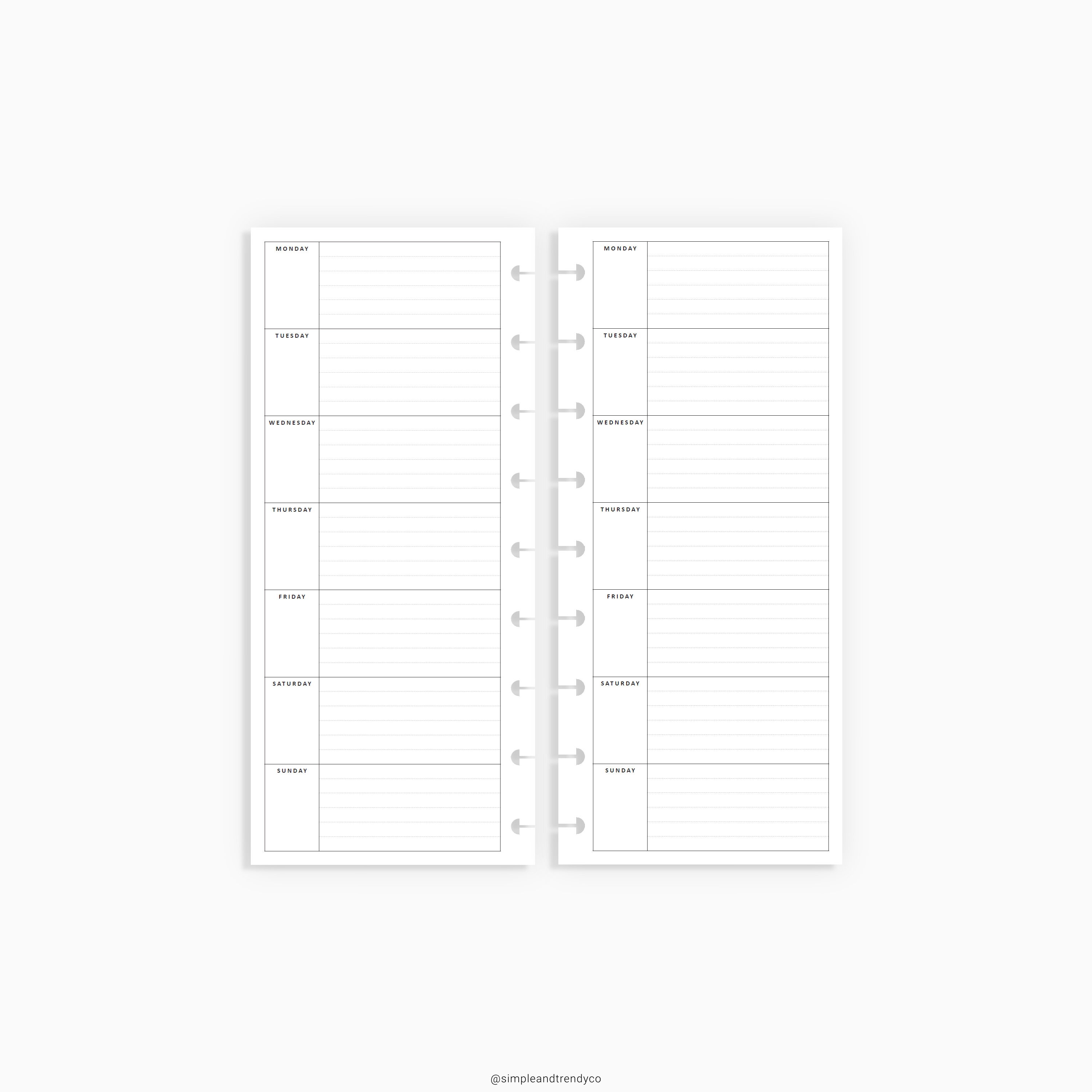 Weekly on One Page Weekly Planner Pages Skinny Classic | Etsy