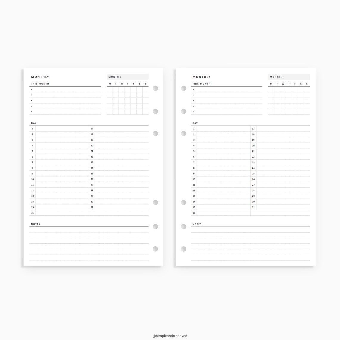 Monthly Overview Printable Personal Wide Month on a Page | Etsy