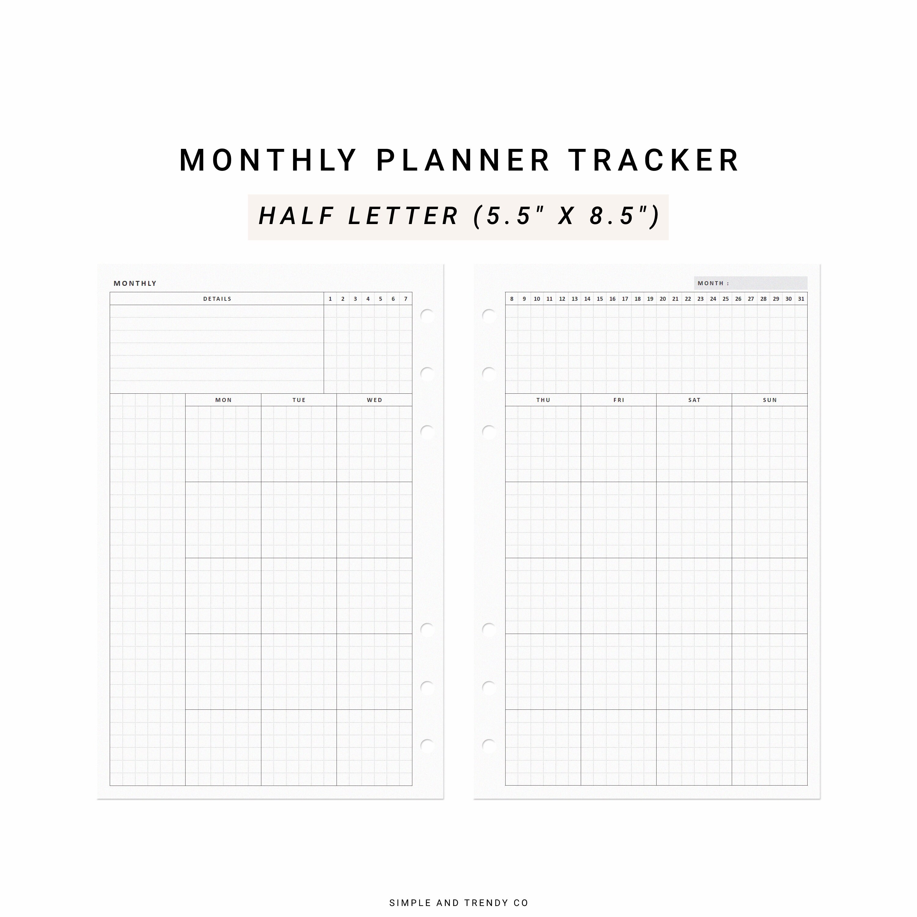 Monthly Planner Printable Half Size Half Letter Inserts - Etsy