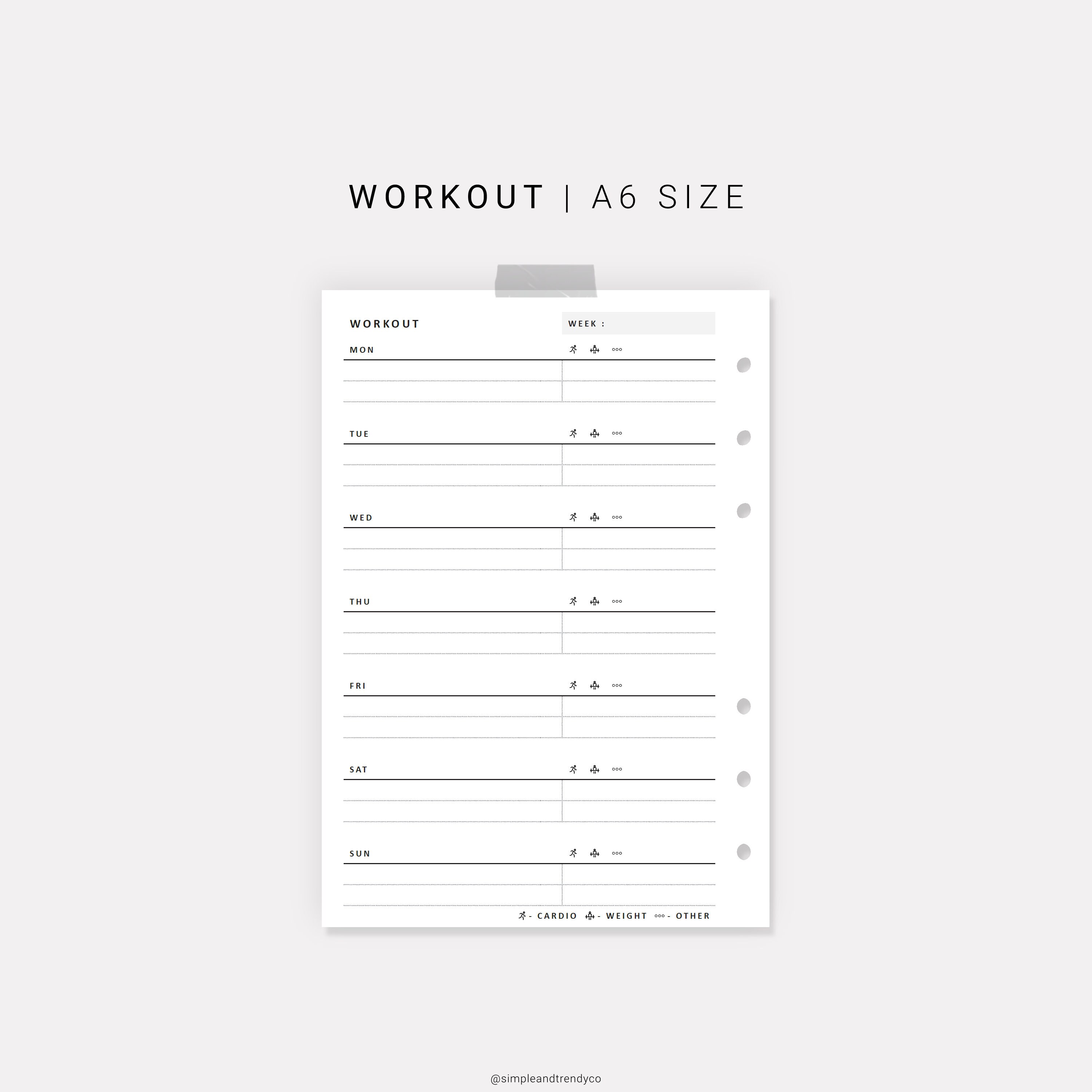 Workout Tracker A6 Inserts Printable Weekly Workout Plan | Etsy