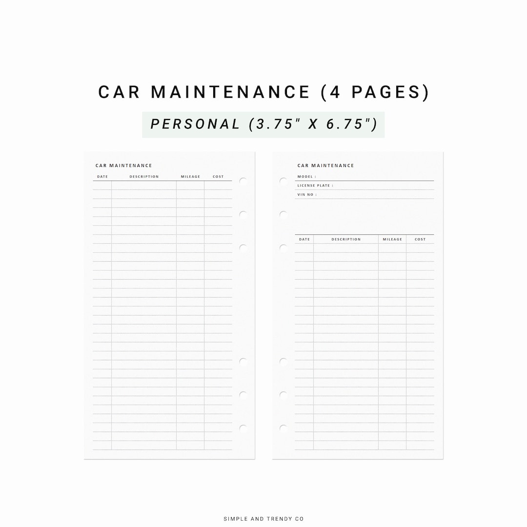 Car Maintenance Printable, Personal Planner Inserts, Car Service ...