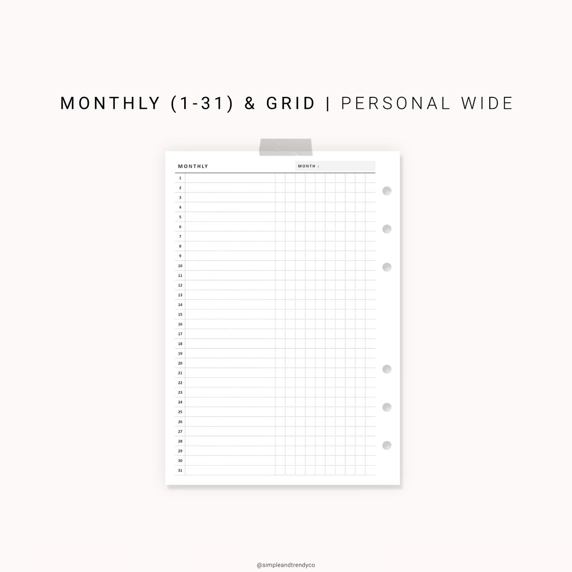 Monthly Overview Personal Wide Monthly List 1-31 Monthly | Etsy