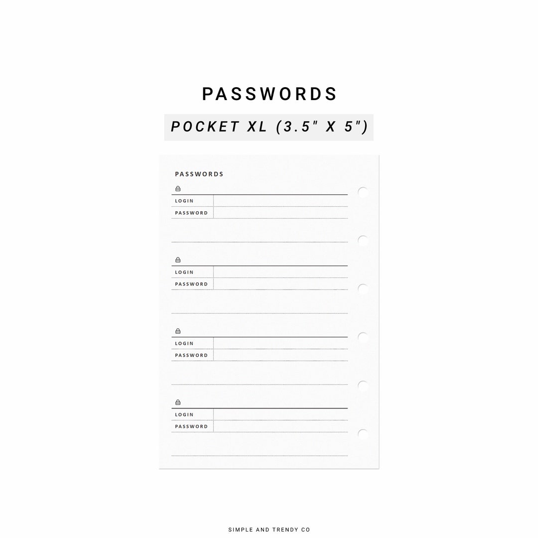 Printable Password Log Pocket XL, Password Keeper Password Organizer ...
